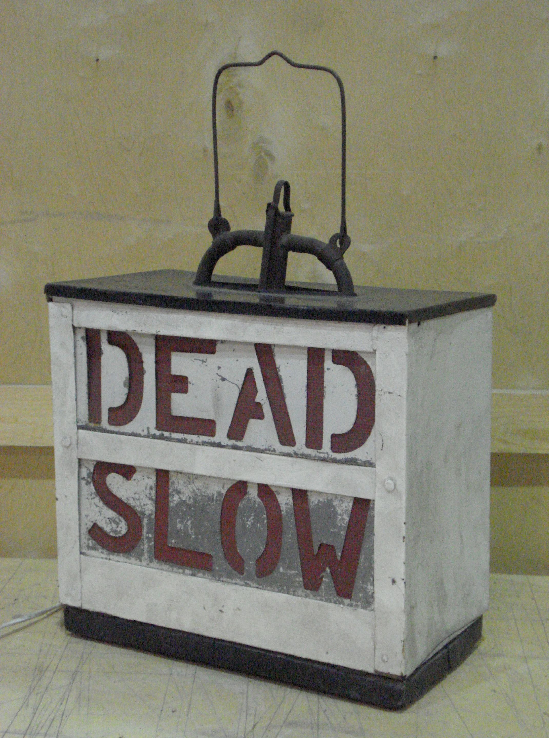 Bonhams Cars : A 'Dead Slow' illuminating hanging box sign,