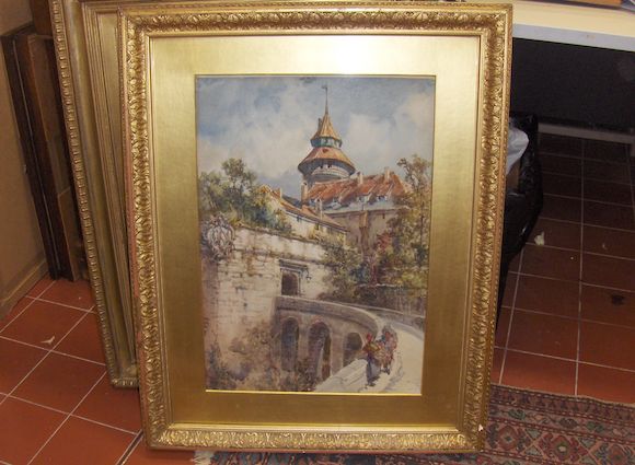 Bonhams : Thomas Greenhalgh (British) Figures on a bridge by a ...