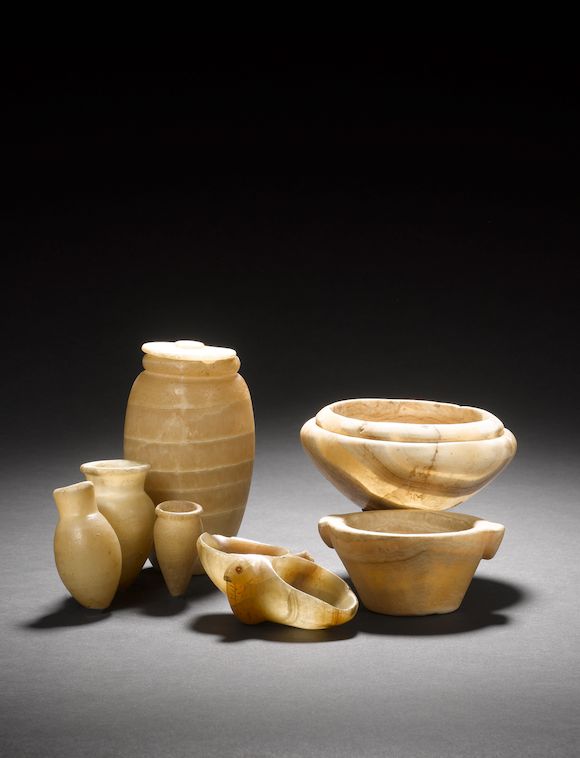 Bonhams : Six Egyptian alabaster vessels an Egyptian alabaster disc lid ...