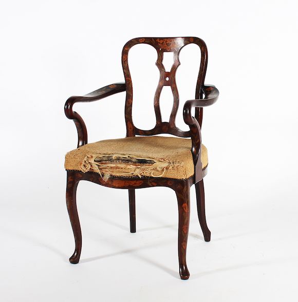 Bonhams : A mahogany and floral marquetry inlaid open crook arm elbow ...