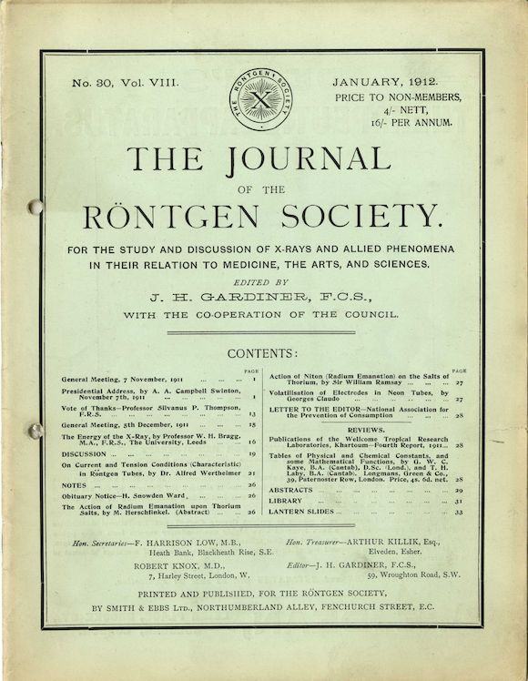 Bonhams : Röntgen Society and Campbell Swinton A. A., January 1912, No ...