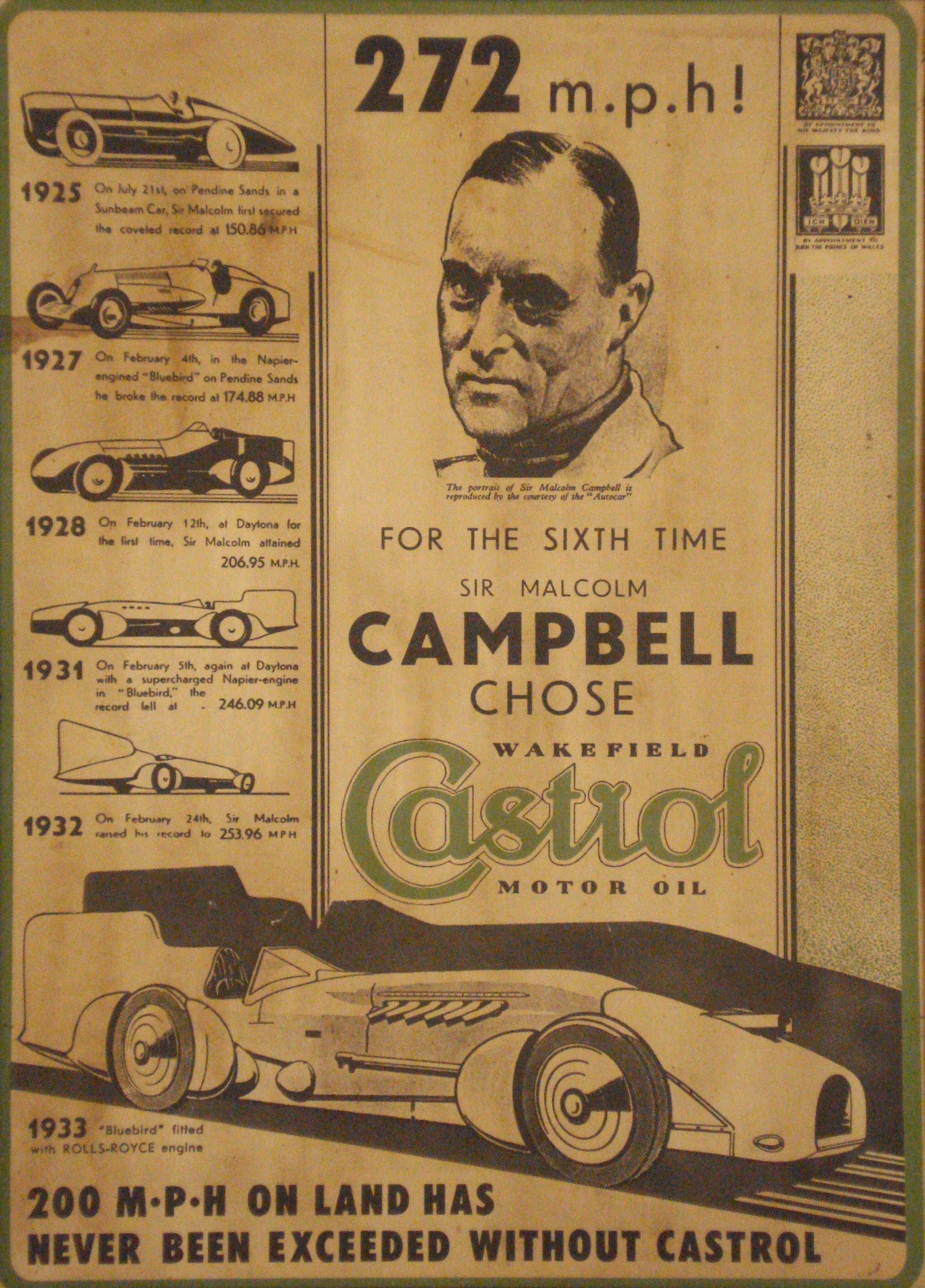 Bonhams Cars : A Malcolm Campbell Bluebird Castrol advertising poster,