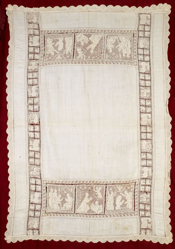 Bonhams : A mid 17th century Flemish linen and lacis altar cloth