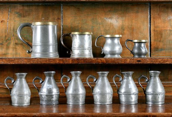 Bonhams : Six 19th Century Irish pewter haystack half pint measures