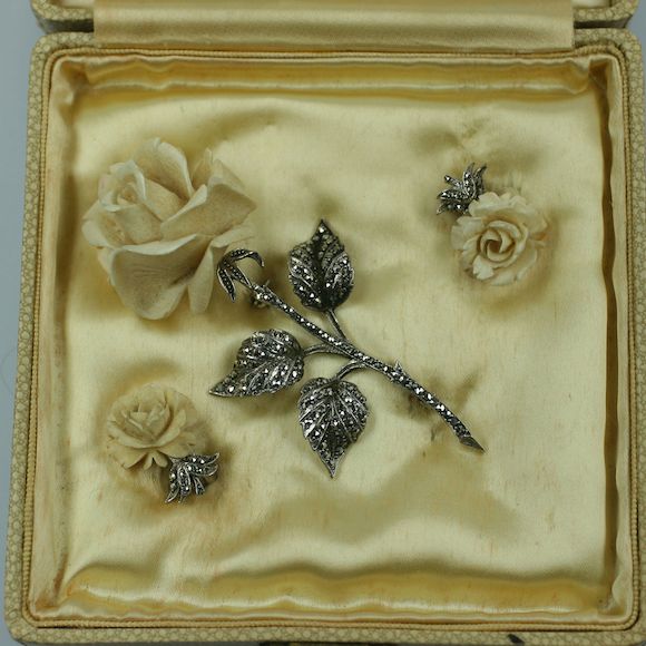 Bonhams : An attractive carved ivory and marcasite brooch and earring ...