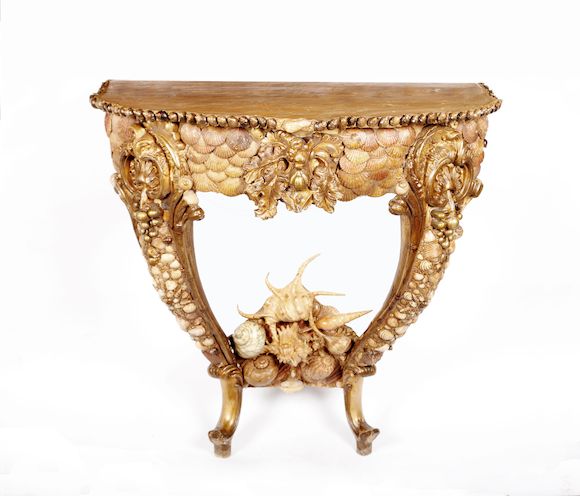 Bonhams : A French gilt gesso and later shell encrusted console table