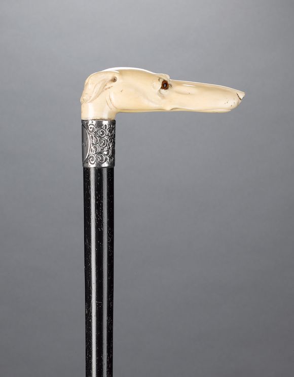 Bonhams : An Edwardian ivory and silver mounted dog walking stick, by ...