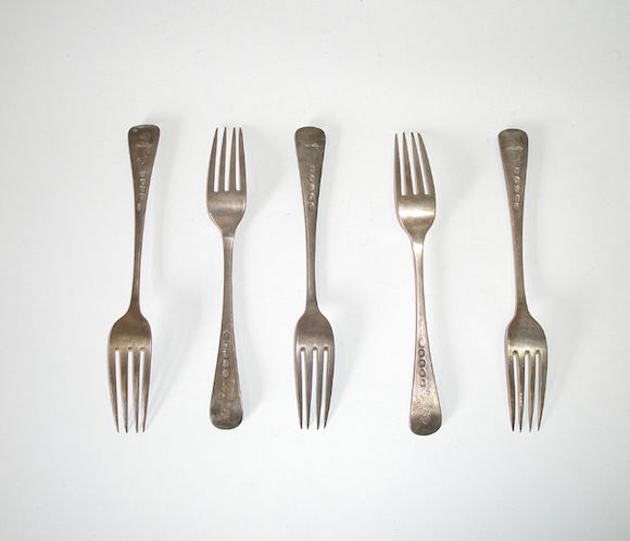Bonhams : Five George III silver Old English pattern dessert forks, by ...