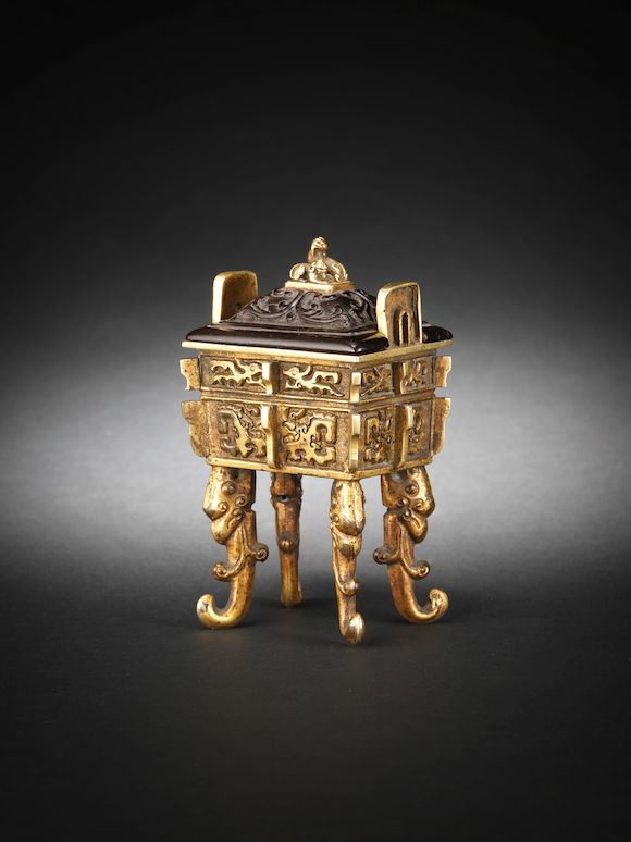 Bonhams : A small gilt-bronze rectangular four-legged vessel, ding 17th ...