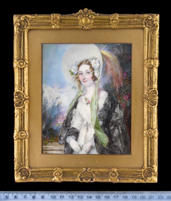 Bonhams : English School, circa 1835 A Lady, wearing white dress with ...
