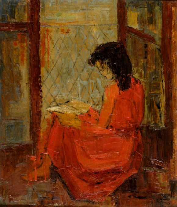 Bonhams : Clio Natsi (Greek, born 1929) Girl reading 68 x 56 cm.