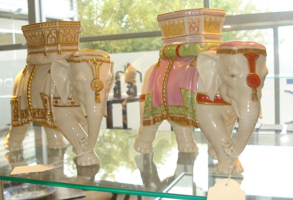 Bonhams : Two Worcester porcelain models of ceremonial elephants,