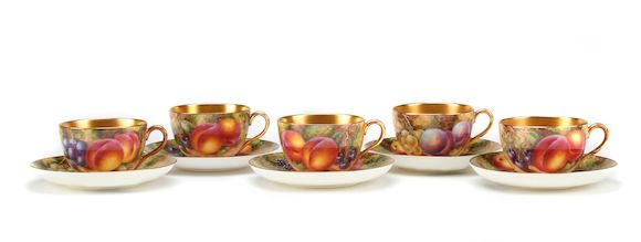 Bonhams : A group of five Royal Worcester fruit painted teacups and saucers by John Freeman All ...