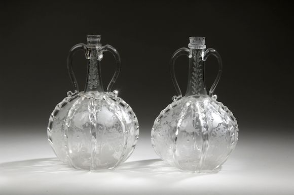 Bonhams : A near pair of Dutch twin handled bottle flasks 18th Century