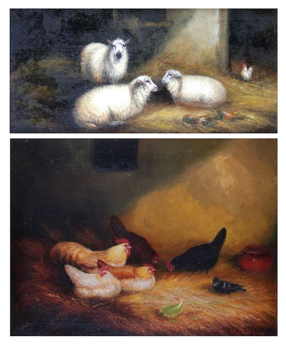 Bonhams : Arthur Jackson (British, active circa 1885-1910) Sheep in a barn,