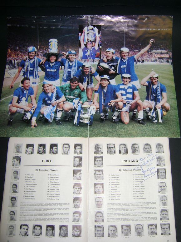 Bonhams : Hand signed Everton poster and World Cup souvenir tournament ...