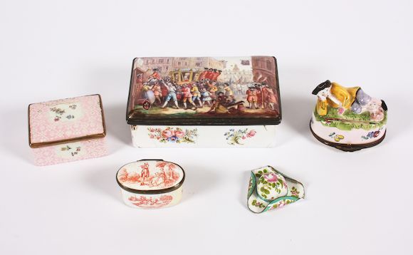 Bonhams : Four enamelled boxes and a miniature hat, 18th century and later