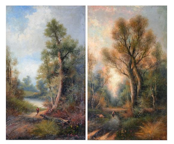 Bonhams : G. Haller Woodland scene with figure on a pathway by a pond ...