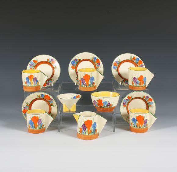 Bonhams : A Clarice Cliff Bizarre Conical 'Crocus' coffee service