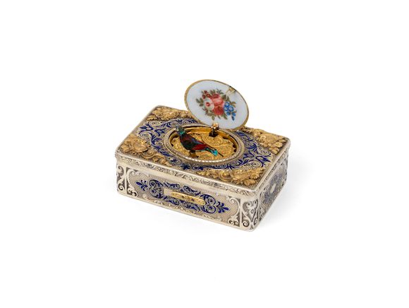 Bonhams : A very fine silver, silver-gilt and enamel singing bird box ...
