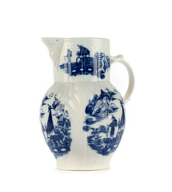 Bonhams : A Caughley 'Fisherman' pattern cabbage leaf jug Circa 1750