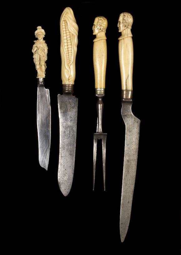 Bonhams : A German carved ivory knife handle in the form of a hurdy ...
