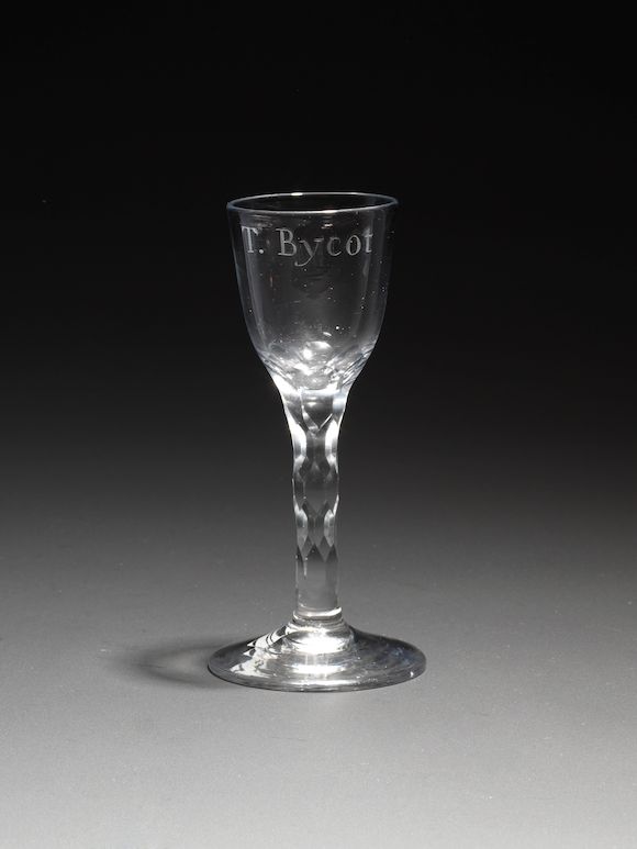 Bonhams : An engraved Cycle Club facet stem wine glass for Thomas Bycot ...