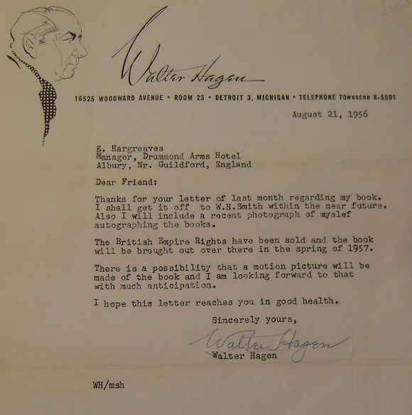 Bonhams : A Walter Hagen letter on his decorative headed notepaper