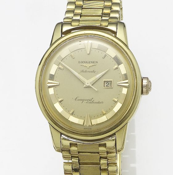 Bonhams : Longines. An 9ct gold English cased automatic calendar ...