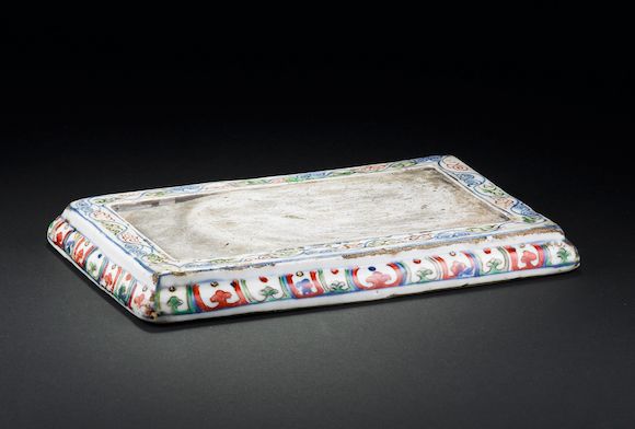 Bonhams : An extremely rare wucai inkstone Wanli mark and of the period