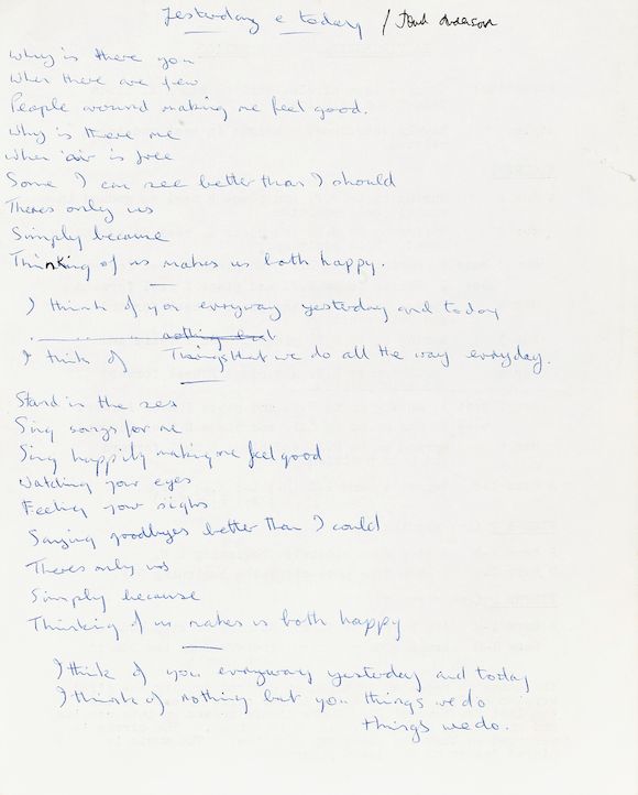 Bonhams : Jon Anderson's handwritten lyrics for 'Yesterday And Today,