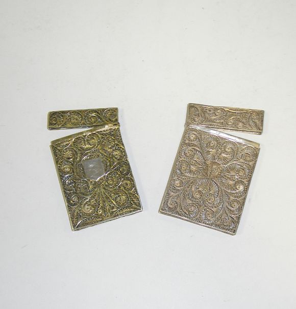 Bonhams : Two 19th century silver filigree card cases, and a silver ...