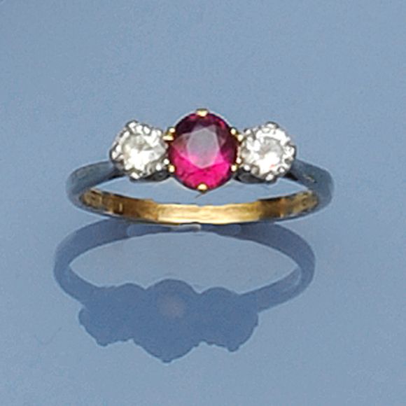 Bonhams : A diamond and ruby three stone ring