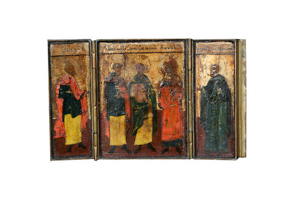 Bonhams : A travelling triptych icon Russian, circa 1800, when open 10 x 14.5cm (3 15/16 x 5 11/16)