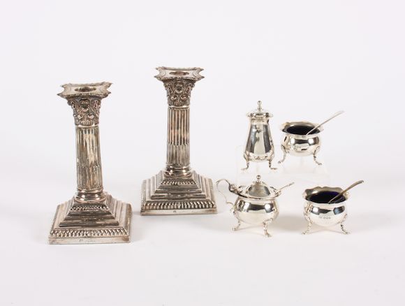 Bonhams : A pair of Edwardian silver dwarf column candlesticks By ...