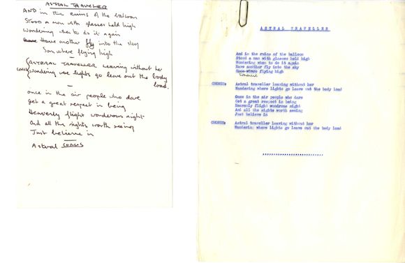 Bonhams : Jon Anderson's handwritten lyrics for 'Astral Traveller',