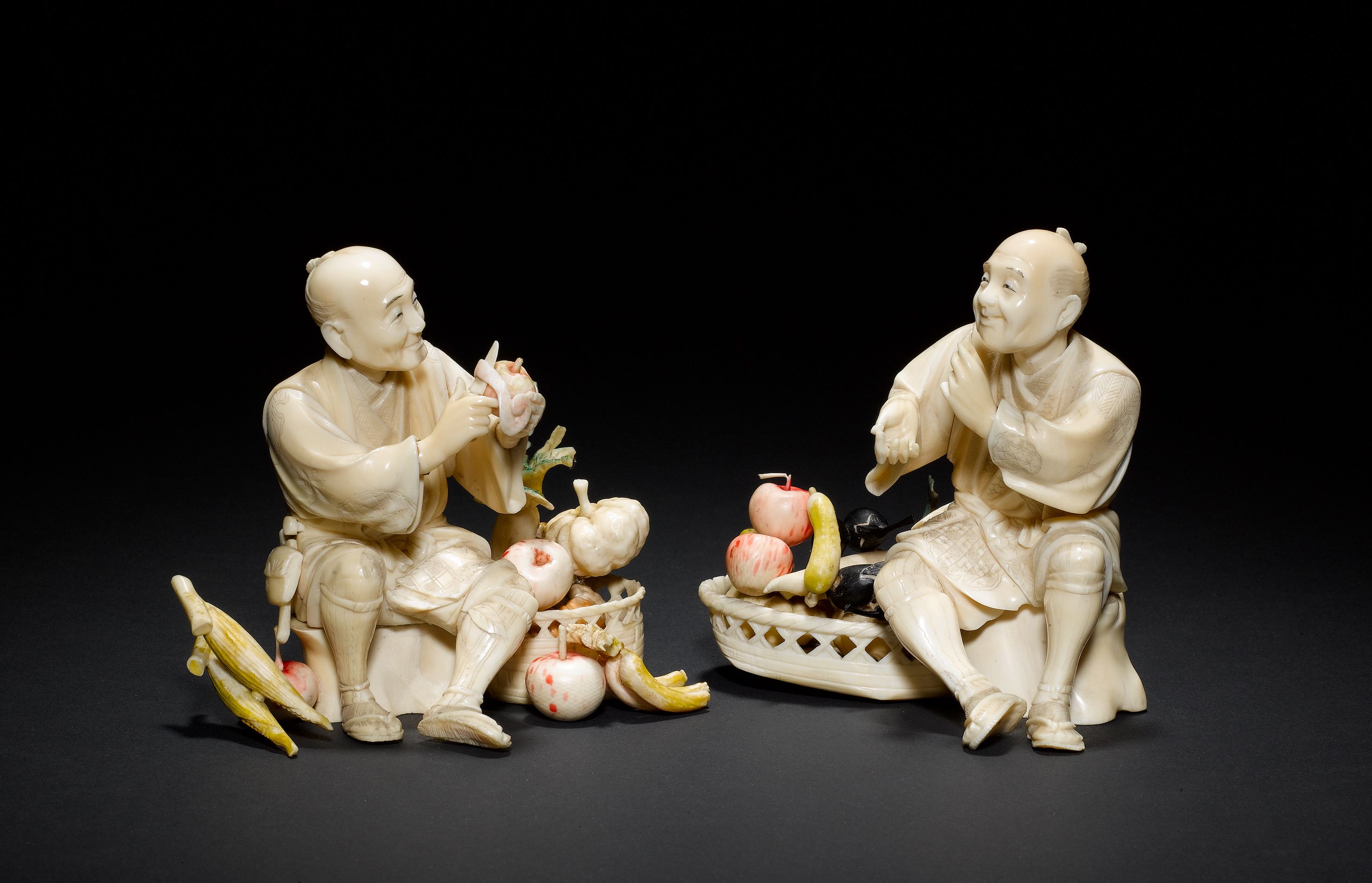 Bonhams : Two stained ivory okimono, carved as fruit and vegetable ...