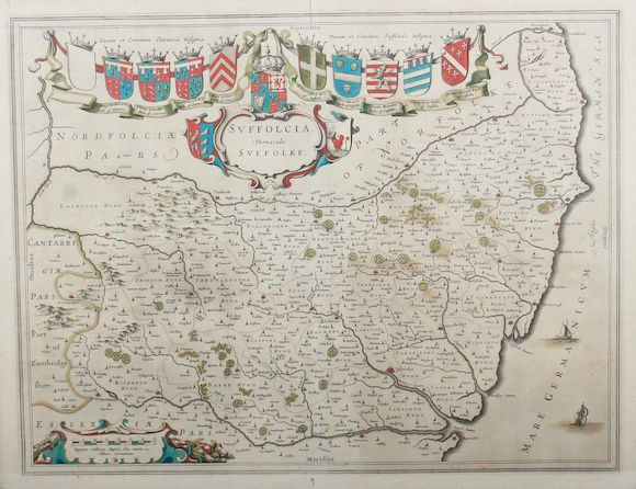 Bonhams : Joannes Jansson (1588-1664) Map of Suffolk hand-coloured ...