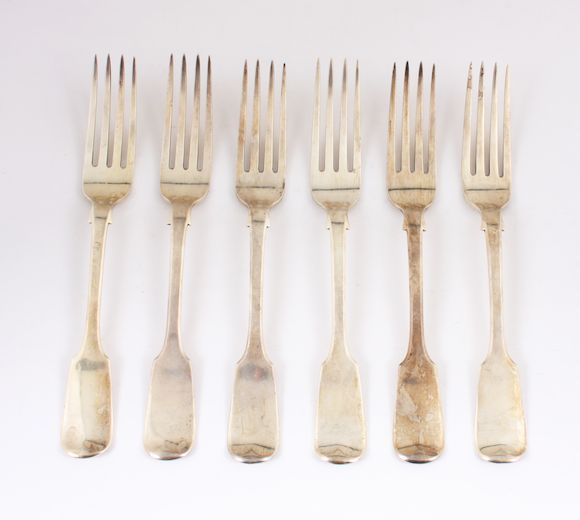 Bonhams : A set of six Victorian silver fiddle pattern table forks By ...