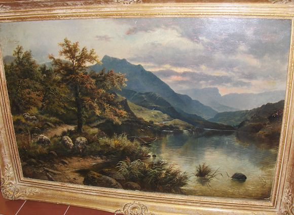 Bonhams : Edgar Longstaffe (British, 1849-1912) Sheep by a lake in a ...