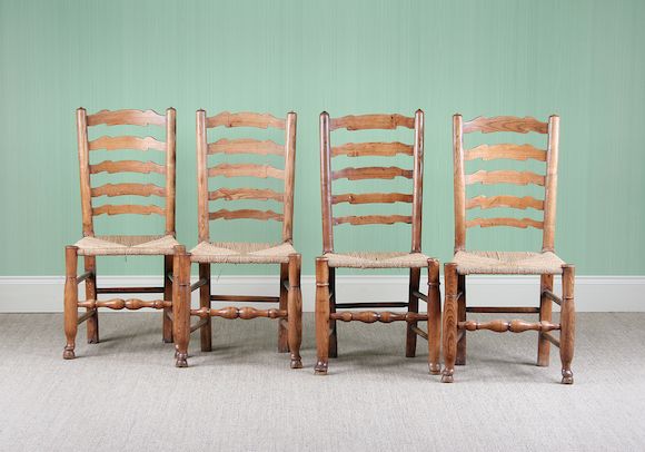 Bonhams : A set of four 19th Century ashwood wavy ladder back chairs