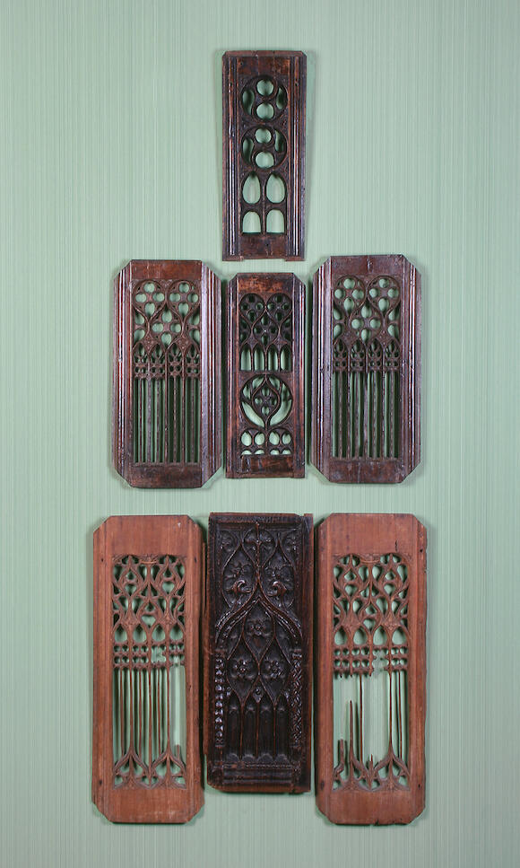 Bonhams : A group of seven late Medieval carved tracery panels
