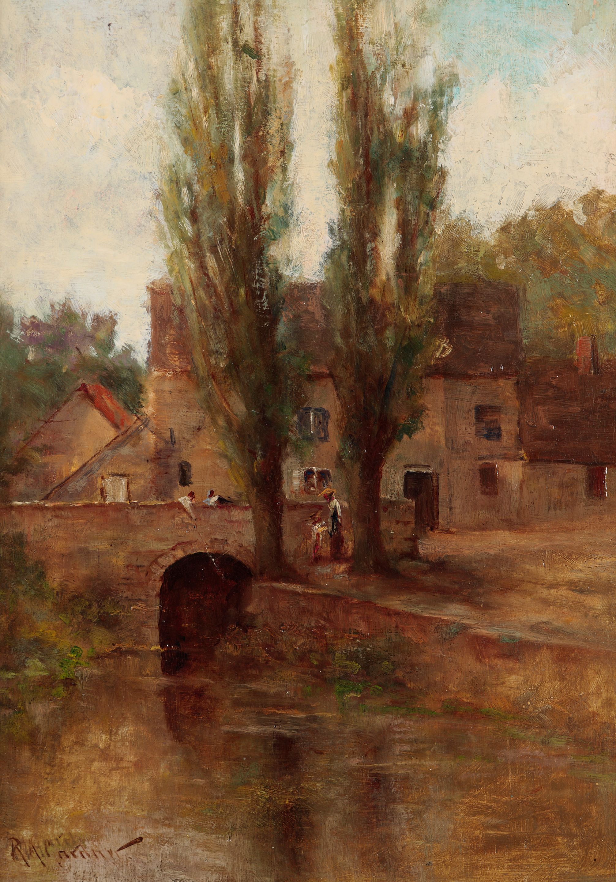 Bonhams : Robert Gardiner (British, 20th Century ) Fishing off the bridge