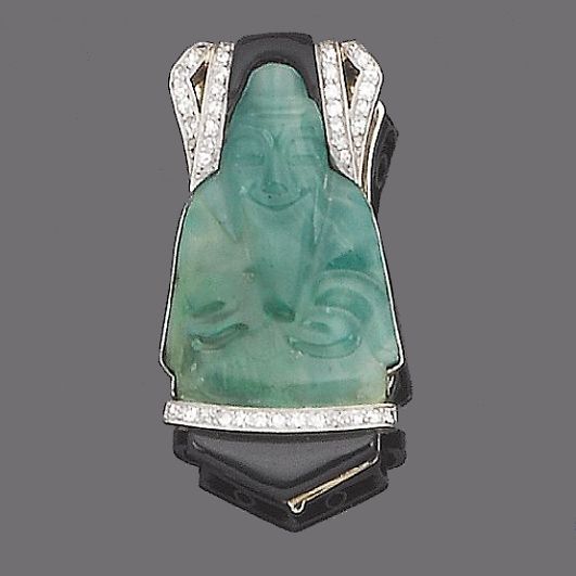 Bonhams : An enamel, diamond and jade simulant clip brooch