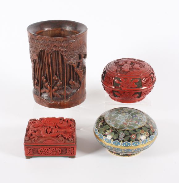 Bonhams : Two red lacquer boxes and covers, a cloisonne box and cover ...