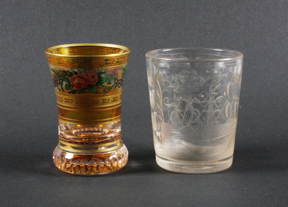 Bonhams A Bohemian Amber Tinted Beaker And An Engraved Tumbler Early