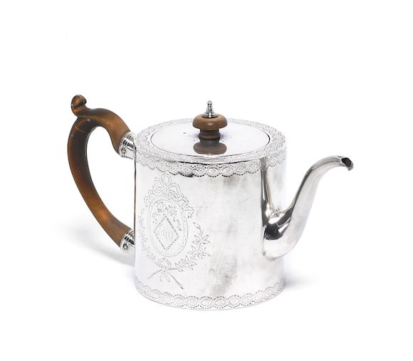 Bonhams : A George III silver drum tea pot, London 1775,