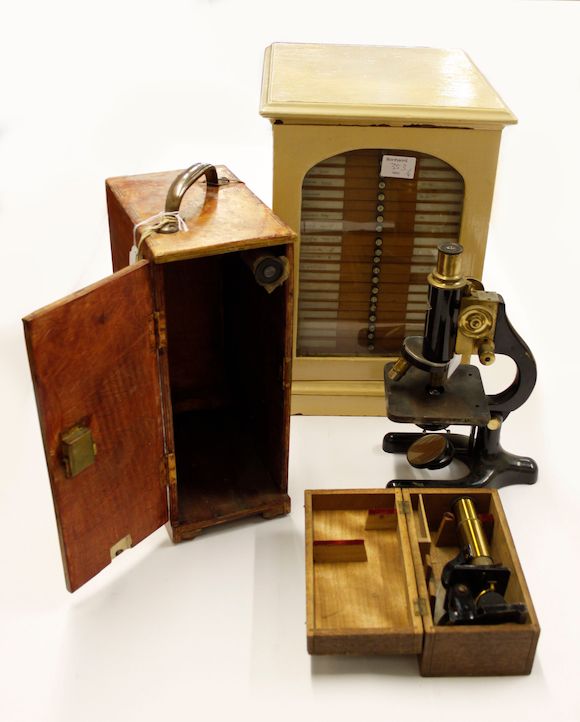 Bonhams : A student microscope,with black lacquered frame by W R Prior ...