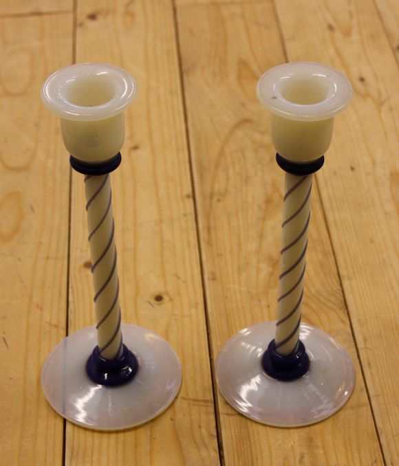 Bonhams : A pair of milk glass candlesticks by H C Fry, Philadelphia,