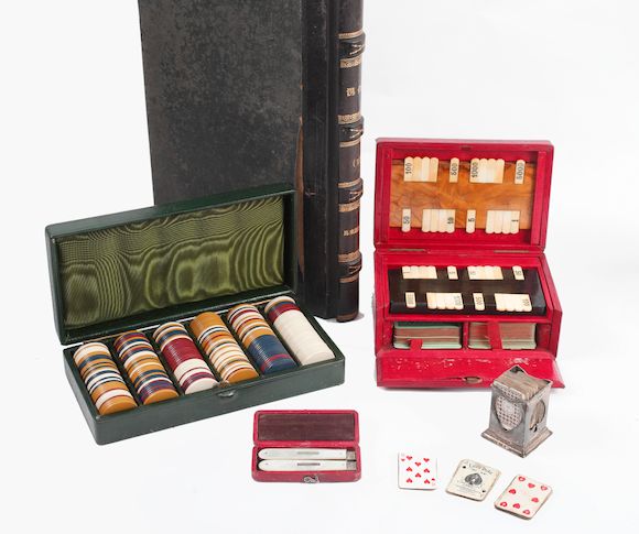 Bonhams : A bridge set and a counter box, in red and green morocco ...